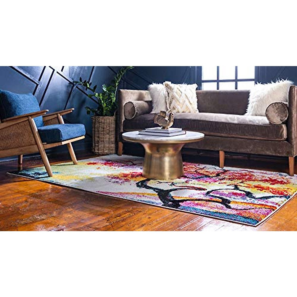 Unique Loom Lyon Collection Colorful Modern Abstract Watercolor Tree Area Rug, 3 ft 3 in x 5 ft 3 in, Ivory/Pink