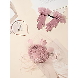 SWEETV Fascinators Pillbox Hats for Women, Tea Party Hat and Short Lace Gloves Set for Kentucky Derby, Cocktail, Wedding, Fancy Dress Party, Dusty Pink