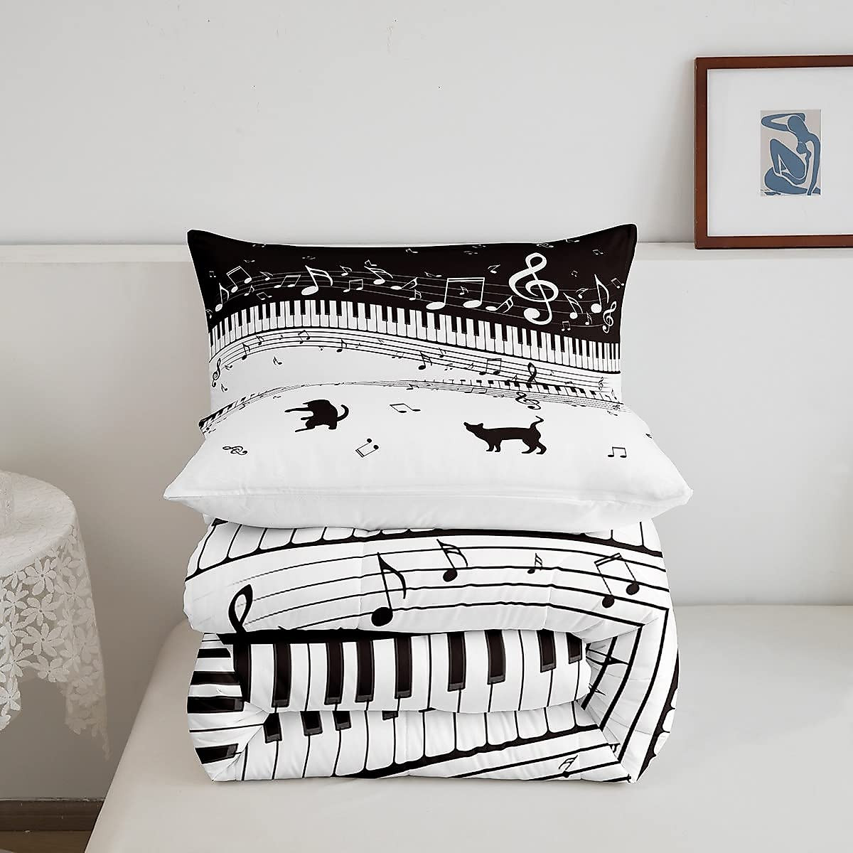 Homewish Piano Comforter Set Queen Size Black Musical Notes Bedding Set 3pcs for Kids Teens Girls Music Lover Room Decor Cat Pet Silhouette Quilt Set White Microfiber Duvet Insert,2 Pillowcases