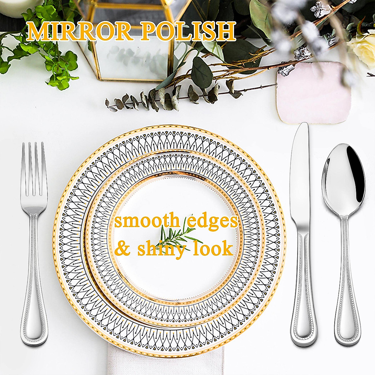 LIANYU Silverware Flatware Set for 8, 40-Piece Stainless Steel Eating Utensils with Pearled Edge, Cutlery Tableware for Home Kitchen Restaurant Party, Mirror Finished, Dishwasher Safe