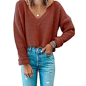 Women Knit Sweaters Tops Long Sleeve V Neck Knitwear Pure Color High Waist Short Loose Knitted Pullover for Autumn Winter(L-Brown)