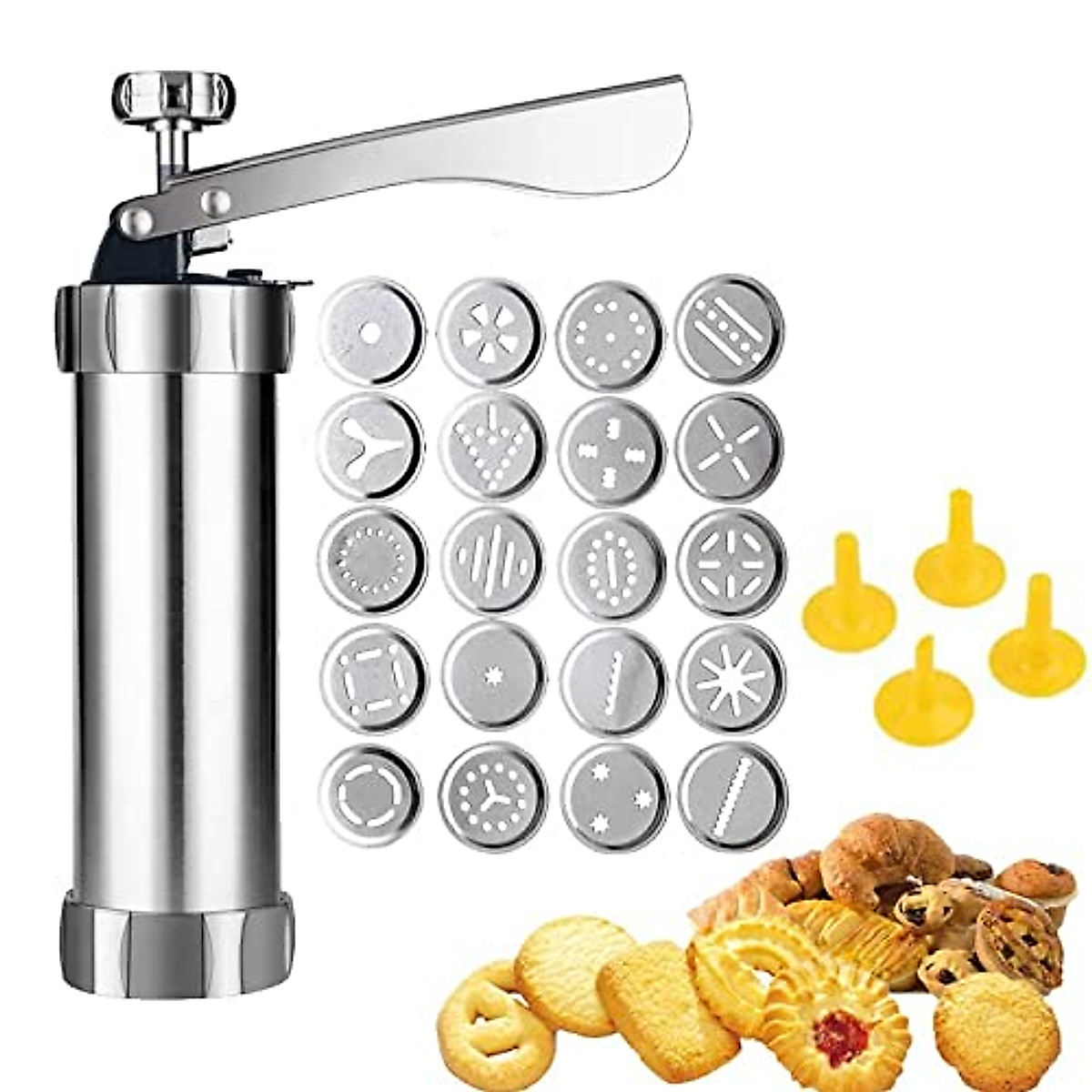 Stainless Steel Cookie Press Machine,Featuring 20 Decorative Stencil Discs and 4 Icing Tips,Deluxe spritz Cookie Press Gun,Cookie Maker,for DIY Biscuit Maker,Baking Decoration Supplies