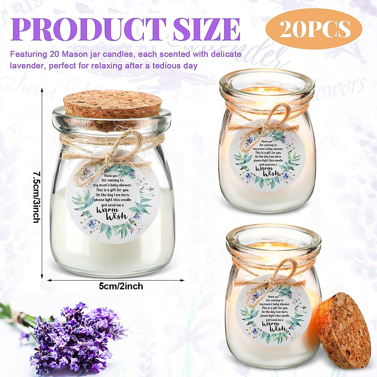 Threlaco 20 Pcs Baby Shower Favors Party Candle Lavender Scented Jars Candle Bulk Glass Mason Jar Candles Wax Candle for Guests Gender Reveal Party Gifts(Leaf)
