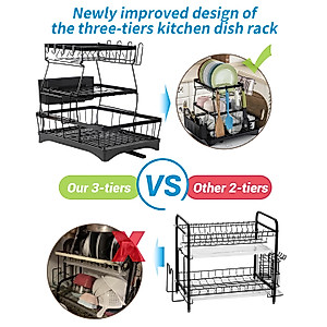 3 Tier Dish Drainer Rack for Kitchen Counter, Large Capacity Dish Drying Rack with 360° Rotating Drainboard, Dish Drainers for Kitchen Sink, Countertop Large Detachable Stainless Steel Dish Rack