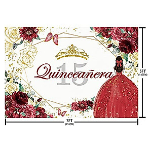 Sendy 7x5ft Quinceanera 15th Birthday Backdrop for Sweet Girl Mis Quince Anos Party Decorations Red and Gold Glitter Floral Crown Butterfly Banner Photography Background Cake Table Props