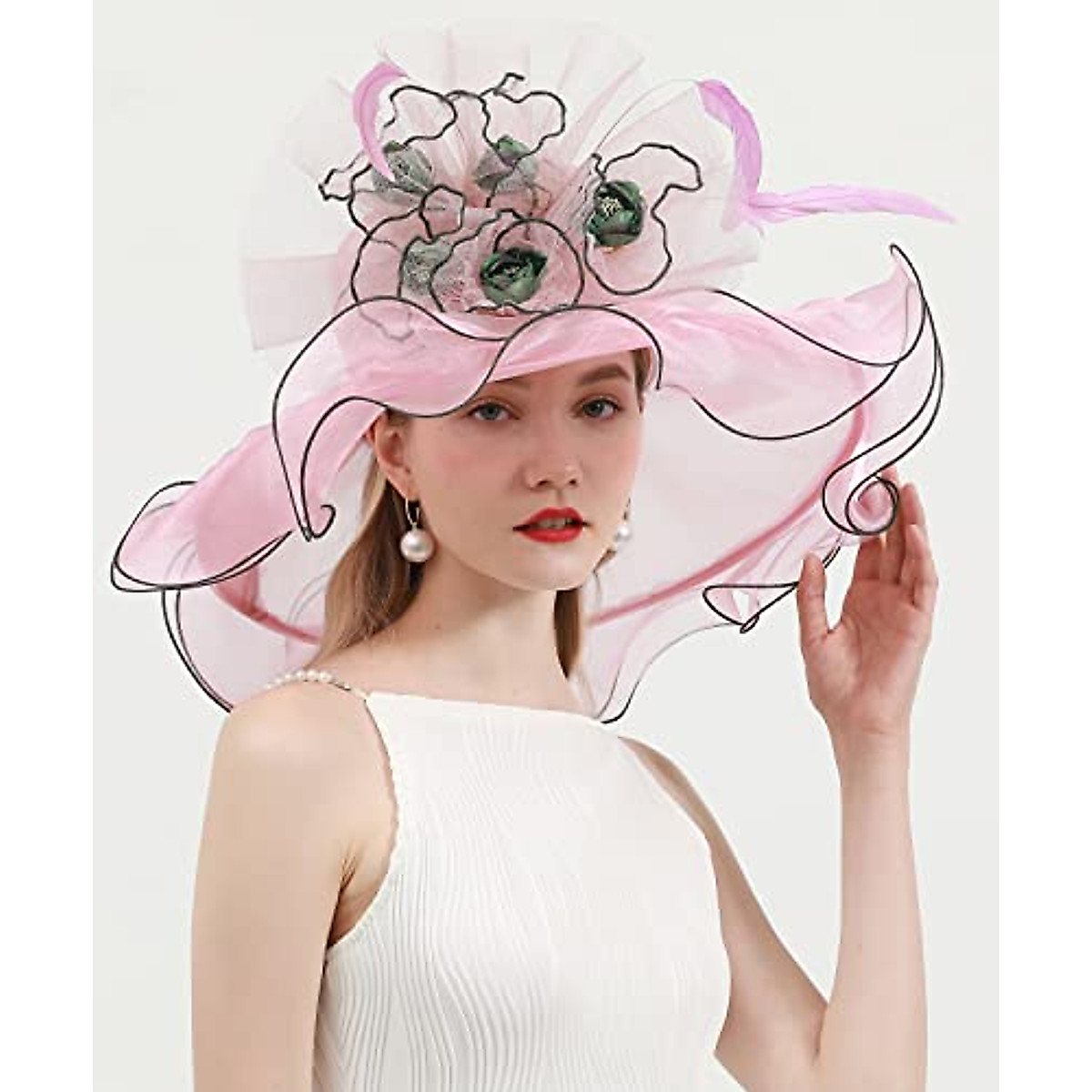 TLMNU Women Derby Church Hat Organza Flower Wedding Tea Party Fascinator Hat Wide Brim Sun Hat A2-Pink with Flower