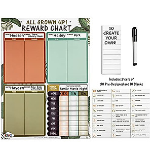 Chores Chart for Kids - Magnetic Behavior and Responsibility Reward Chart for Multiple Kids - Separate Section and Pieces for each Child - 3 Sets of 30 Pre-Designed Chore pieces and 10 Blanks Included