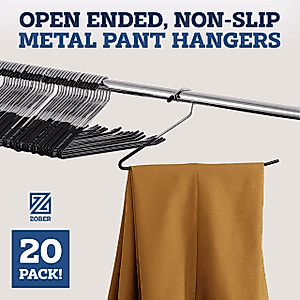 ZOBER Slack/Trousers Pants Hangers - 20 Pack - Strong and Durable Anti-Rust Chrome Metal Hangers, Non Slip Rubber Coating, Slim & Space Saving, Open Ended Design for Easy-Slide Pant, Jeans, Slacks Etc