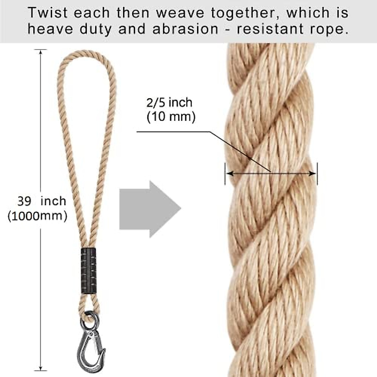 BeneLabel Tree Swing Rope, 39 inch, Hammock Tree Swing Hanging Strap, Heavy Duty Hook, for Indoor Outdoor Swing Hammock Playground Set Accessories, 1 Pcs, Off-White