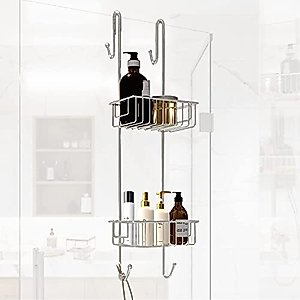 Bamodi Shower Caddy Hanging - 2 Tier Over Door Chrome Plated - No Drilling Required - Fits Shower Screens up to 0.78 inches - Hangable Shower Rack with 2 Towel Hooks (27.5 x 7.5 x 7.3 INCHES)
