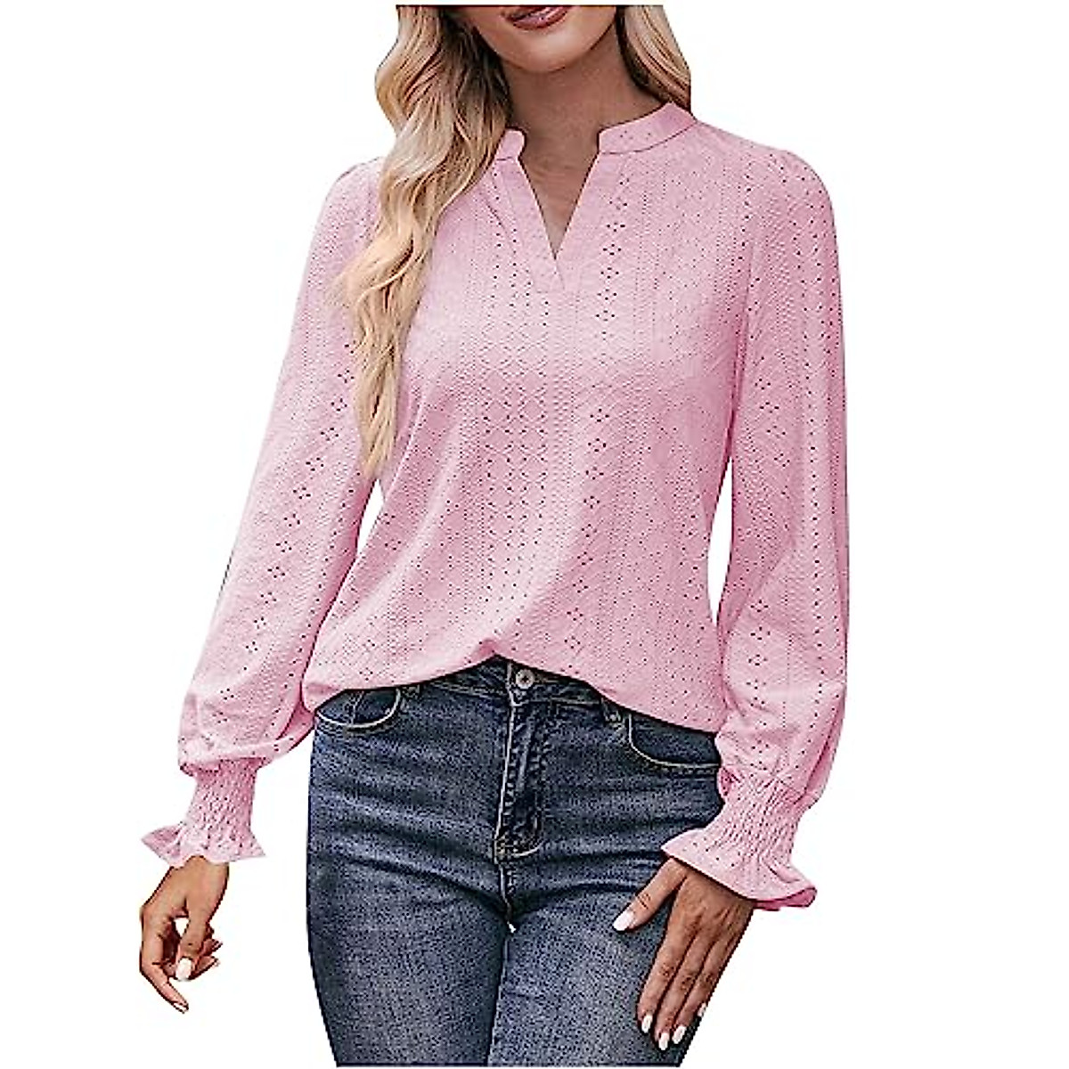 JDHUFEI Long Sleeve Shirts for Women Fashion Puff Long Sleeve Blouse V-Neck Button Up Tops Solid Color Lace Tunic Tops
