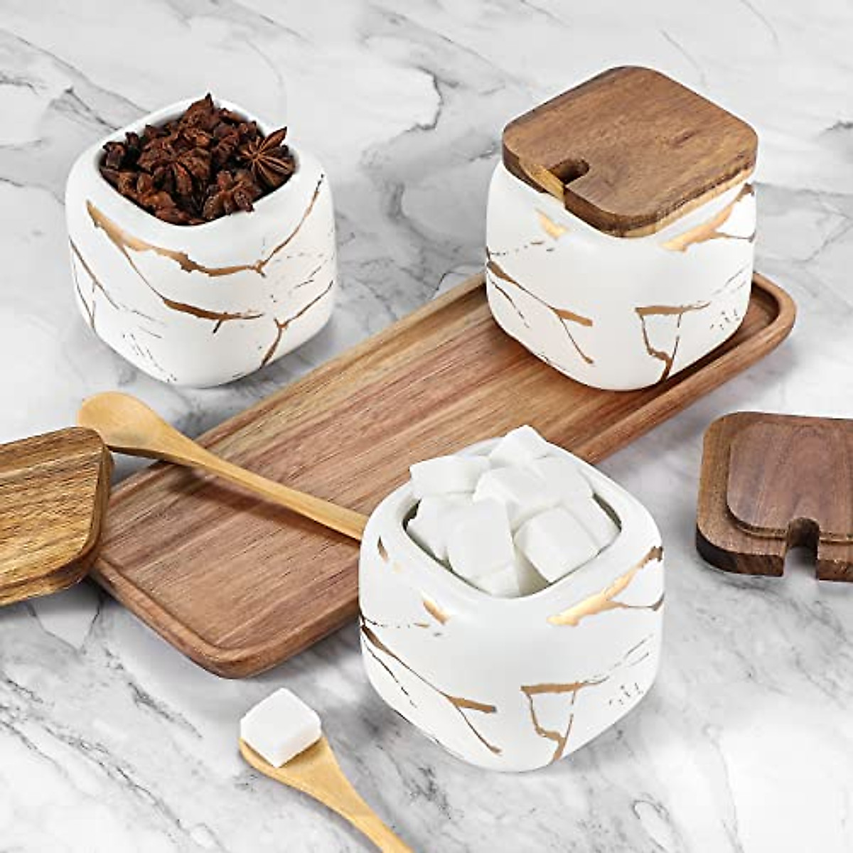 VETIN 3 Pcs Sugar Salt Container Set Containers for Sugar and Coffee Sugar Container Marble Jar Set Sugar Bowl Sugar Jar with Spoon and Lid