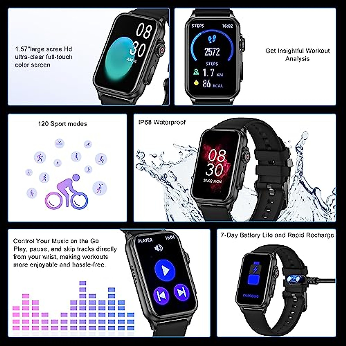 Smart Watches for Women Men with Call, Smart Watch Fitness Tracker With Blood Oxygen Blood Pressure and Sleep Monitor, 1.57'' Full Touch Screen IP68 Waterproof, for Android IOS Phone(with 2 bands)