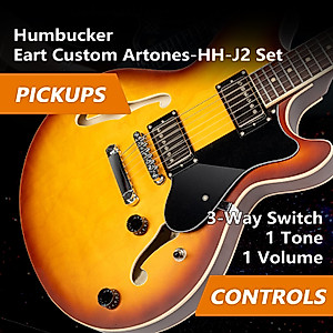 EART E-325 6 String Semi-Hollow-Body Electric Guitar, Roasted Mahogany Neck,Stainless Steel Frets, Playing Jazz,Tobacco Sunburst