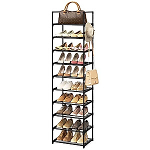 WEXCISE Narrow Shoe Rack 10 Tiers Tall Shoe Rack for Entryway 20-24 Pairs Shoe and Boots Organizer Storage Shelf Space Saving Large Shoe Tower Durable Black Metal Stackable Shoe Cabinet with Hooks