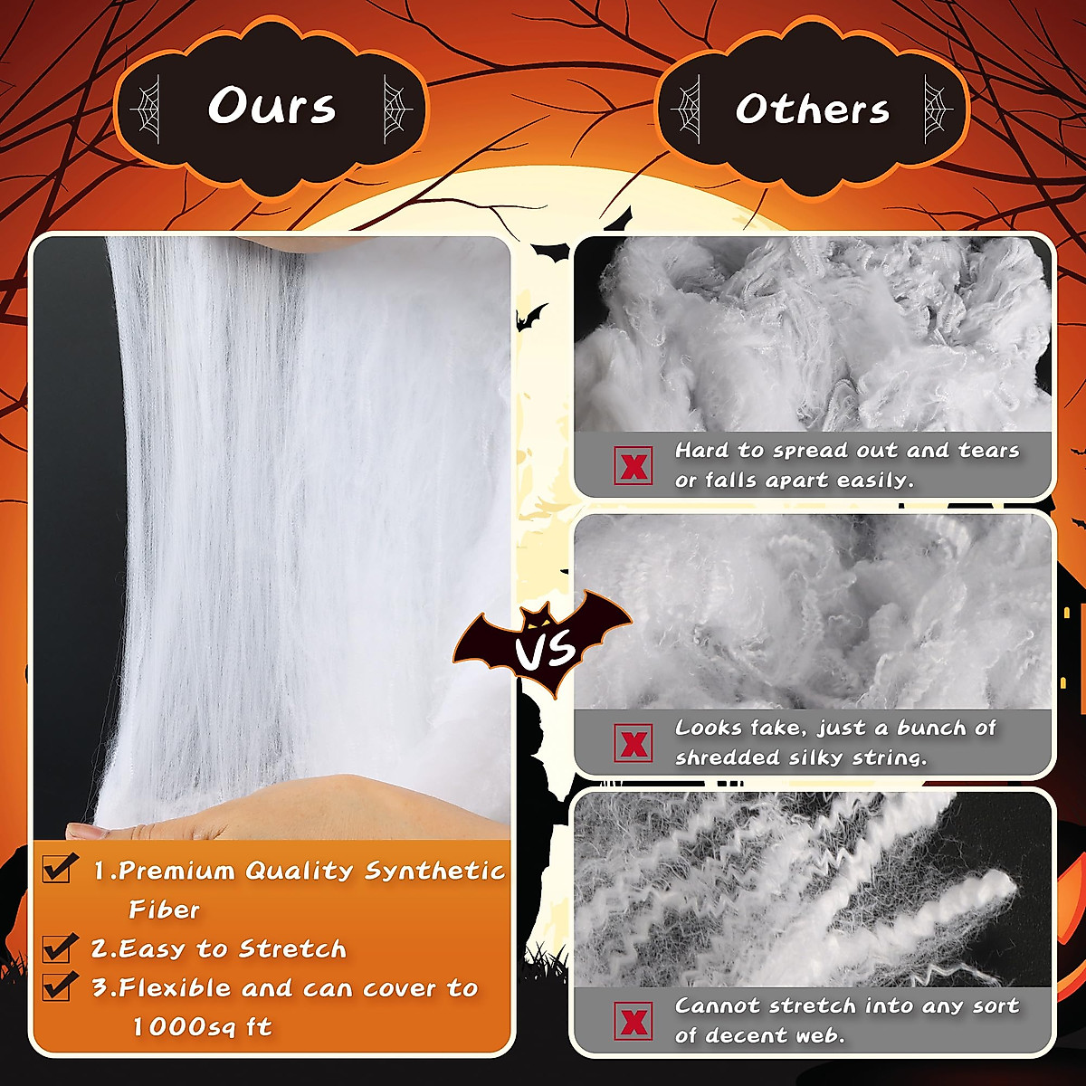 1000 Sqft Spider Webs Halloween Decorations 50 Glow and 50 Black Fake Spiders, Super Stretch Large Spread Cobwebs for Indoor Outdoor Halloween Party Haunted House Spooky Office/Yard Decor Supplies