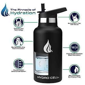 HYDRO CELL Stainless Steel Water Bottle with Straw & Standard Mouth Lids (32oz 24oz 20oz 16oz) - Keeps Liquids Hot or Cold with Double Wall Vacuum Insulated Sweat Proof Sport Design (Black 16oz)*