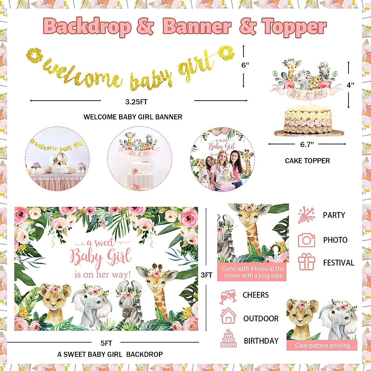 Fiesec Safari Baby Shower Decorations for Girl, Jungle Themed Décor Backdrop Balloon Garland Arch Artificial Leaves Box Cutout Glitter Banner Cake Topper Sash Lion Cheetah Giraffe Pink 140 PCs