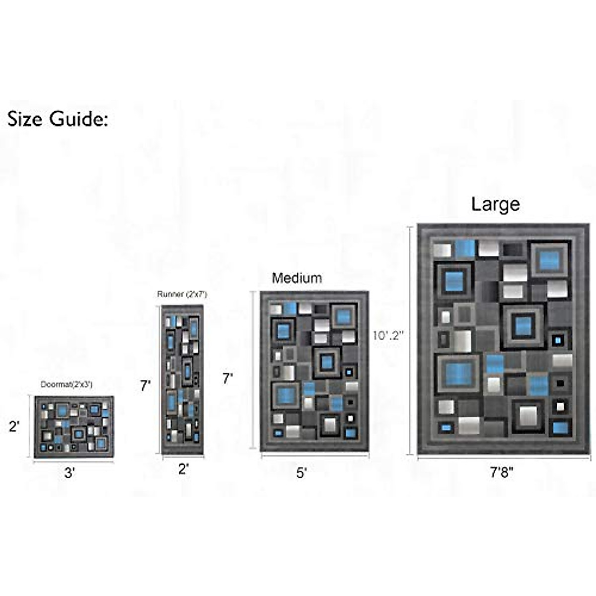 HR Abstract Blue/Silver/Gray Geometric Modern Squares Pattern 5x7 Area Rug (5'2" x 7'2")