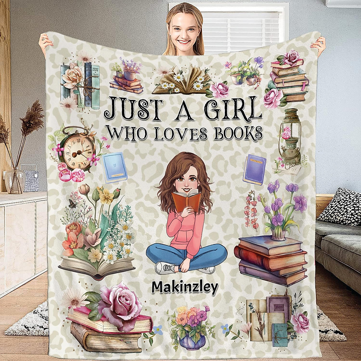 SATIGI Personailized Book Blanket, Just A Girl Who Loves Book Blanket, Customize Book Reading Blanket and Throw Book Lovers Daughter Gift (Girl Love Book Design 01, Small/Medium/Large/X-Large)