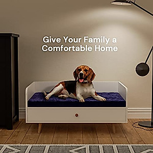 SunsGrove Wooden Elevated Dog Beds Frame with Storage for Large Dogs Cats Modern Style Raised Dog Beds with Drawer Wood Furniture Style Pet Beds with Cushion Heavy Duty Easy to Clean Pet Sofa Couch