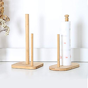 Bamboo Wood Standing Paper Towel Holder Wooden Paper Towel Rack Kitchen Paper Hanger Rack Bathroom Towel Roll Stand Organizer for Cabinet Table (Square)