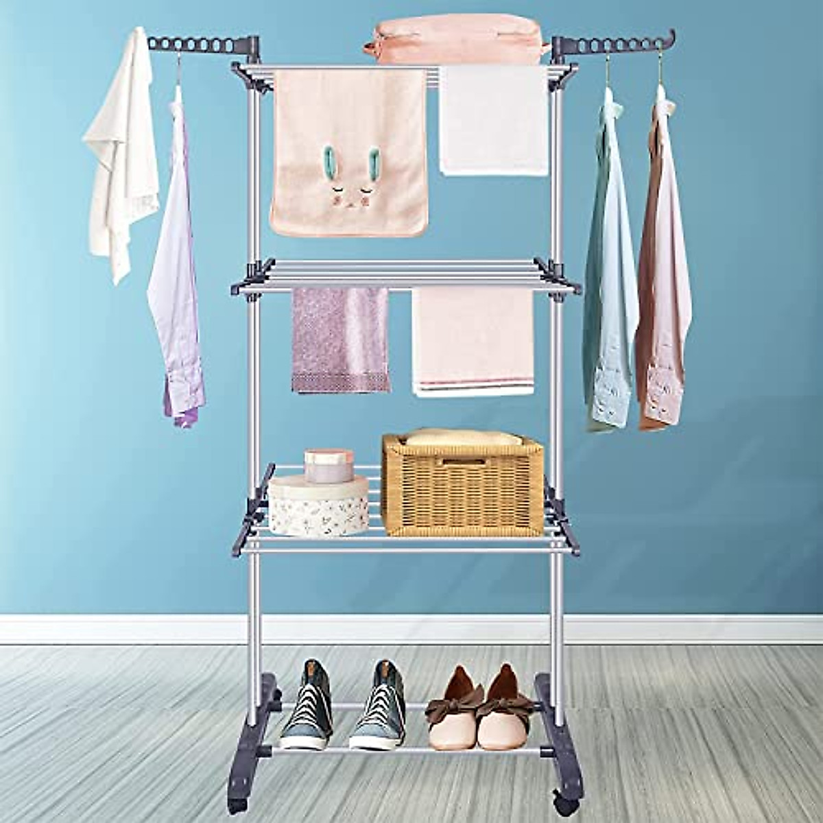 Voil 3 Tier Clothes Drying Rack Clothes Airer,Foldable Laundry Outdoor Indoor Heavy Duty Clothing Horse Garment Dryer Stand on Wheel