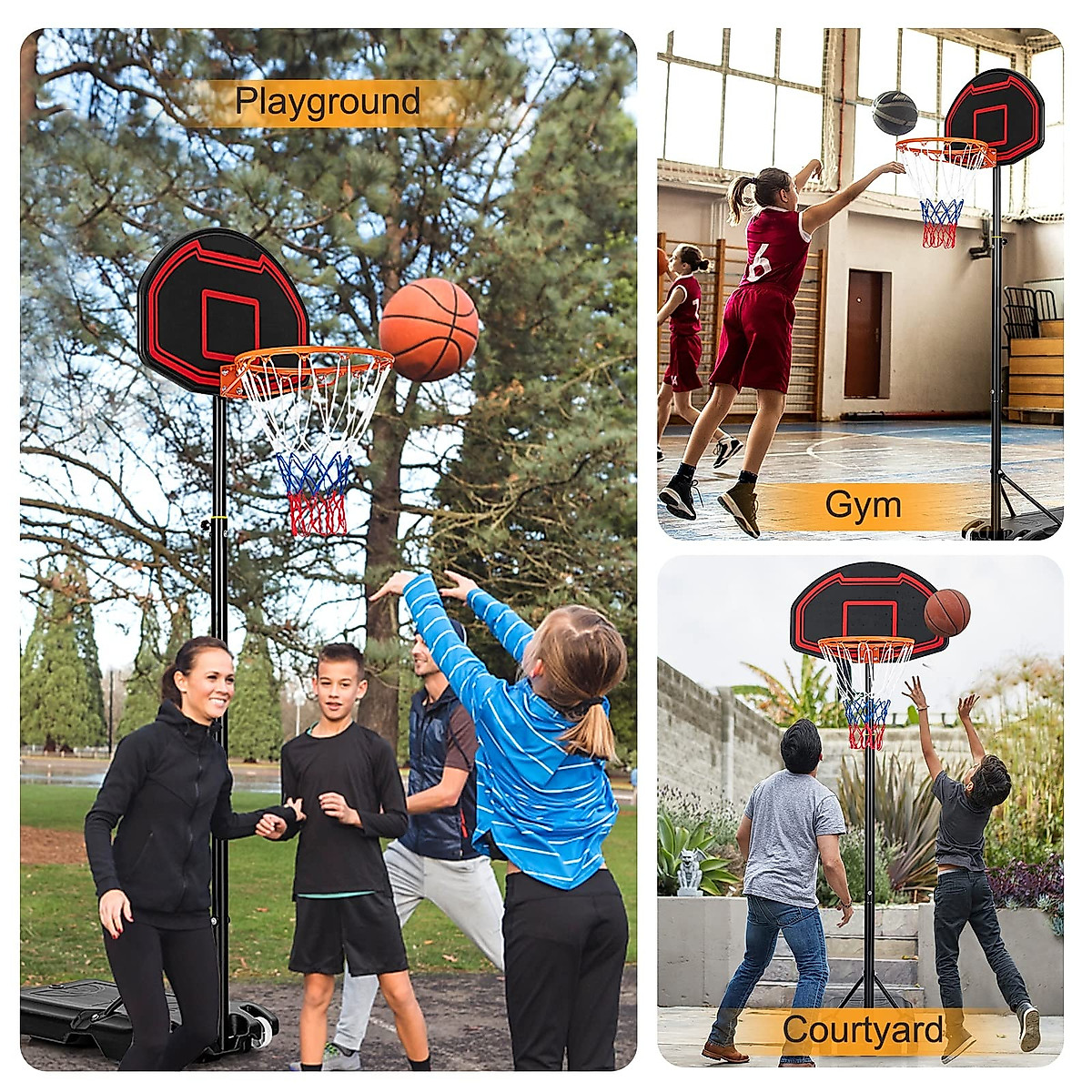 GYMAX Basketball Hoop, 6.3 ft-8.1ft Adjustable Basketball Goal with Shatterproof Backboard & Built-in Wheels, All weather Portable Basketball System for Kids Teens Adults, Indoor/Outdoor Gym, Backyard