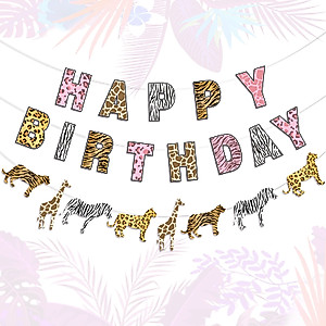 Safari Birthday Decorations Jungle Theme Party Supplies for Girl - Pink Cheetah Happy Birthday Banner, Animal Print Garland, Jungle Safari Animal Leopard Party Sign
