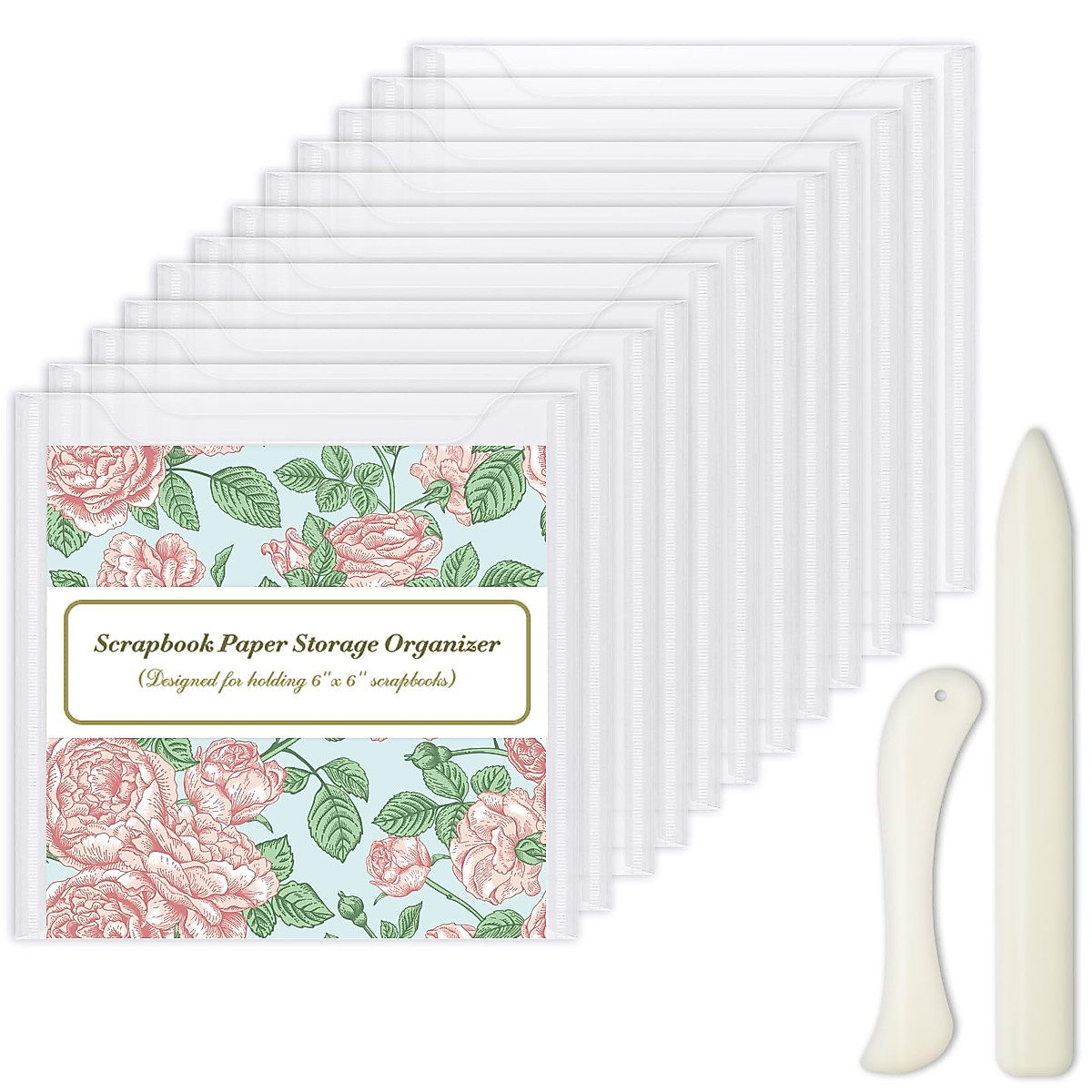 12 PCS Scrapbook Paper Storage Organizer with 2 Plastic Bone Folder Paper Creaser Set, Clear Paper Storage Bag for Holding 6 x 6 Inch Scrapbook Paper, Cardstock, Vinyl Paper, Photos and Paper File