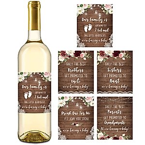 WHING Funny Pregnancy Announcement Milestones Wine Bottle Labels, Set of 5 Pieces Waterproof Sticker Covers, We're Having a Baby, Promoted to Grandparents, Brothers Sisters Promoted to Aunts Uncles