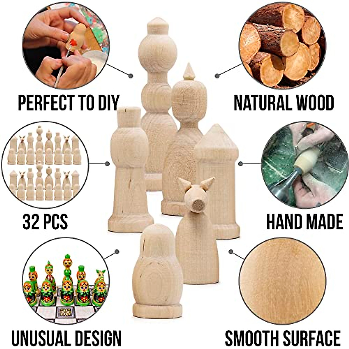 Unfinished Wood Chess Pieces Only Set of 32 pcs - Paint Your Own Chess Set - Blank Chess Sets for DIY- Wooden Peg Dolls Unfinished for Arts and Crafts