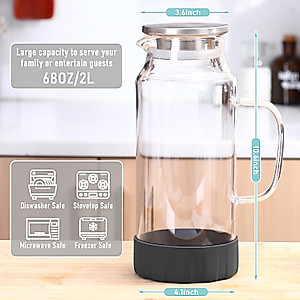 Hsei 2 Liters Glass Pitcher with Lid Water Pitcher for Fridge Water Carafe with Handle for Hot/cold Beverages Heat Resistant Glass Jug for Drink Juice Iced Tea Summer(68 oz,Black Coaster)