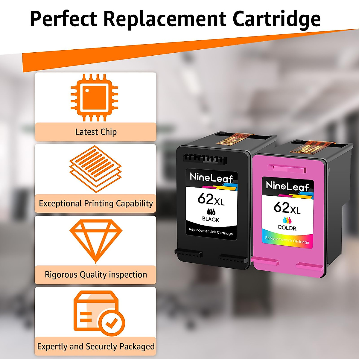 NineLeaf 8 Pack Remanufactured Ink Cartridge Replacement for HP 62XL 62 XL use in Envy 5540 5640 5660 7644 7645 OfficeJet 5740 8040 OfficeJet 200 250 Series Inkjet Printer（4 Black 4 Tri-Color