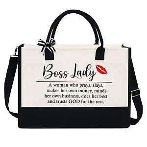 Boss Lady Gift Tote Bag, Leaving Moving Appreciation Retirement Birthday Christmas Gifts for Boss, Leader, Boss Lady, Manager Director, Women, 13oz Canvas Tote Bag With Zipper For Women