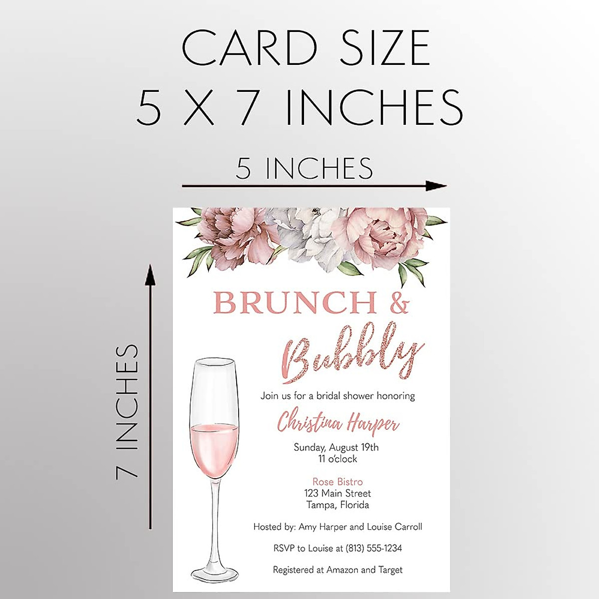 Brunch and Bubbly Bridal Shower Invitation Pink Glitter Rose Gold Floral Flowers Roses Champagne Mimosas Bachelorette Wedding Printed Cards Customized Personalized Cards (12 Count)