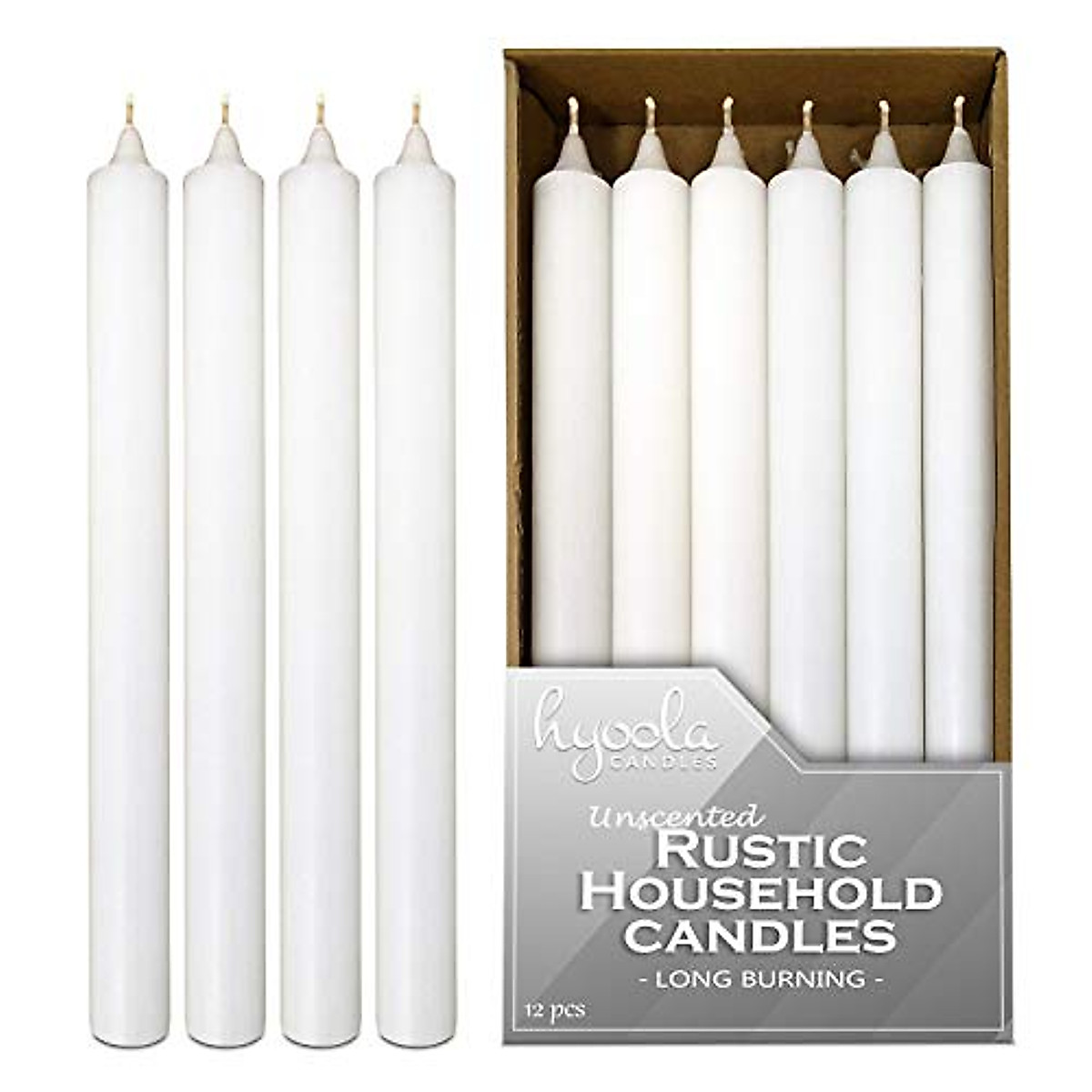Hyoola 10 Inch Dinner Candles - 12 Pack - White Tall Candles - Unscented Rustic Candles - Long Burning Candle Sticks