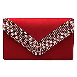 Lefrcry Women Satin Evening Bags Ladies Party Handbag for Wedding Party Handbag Rhinestone Clutch Purses RED