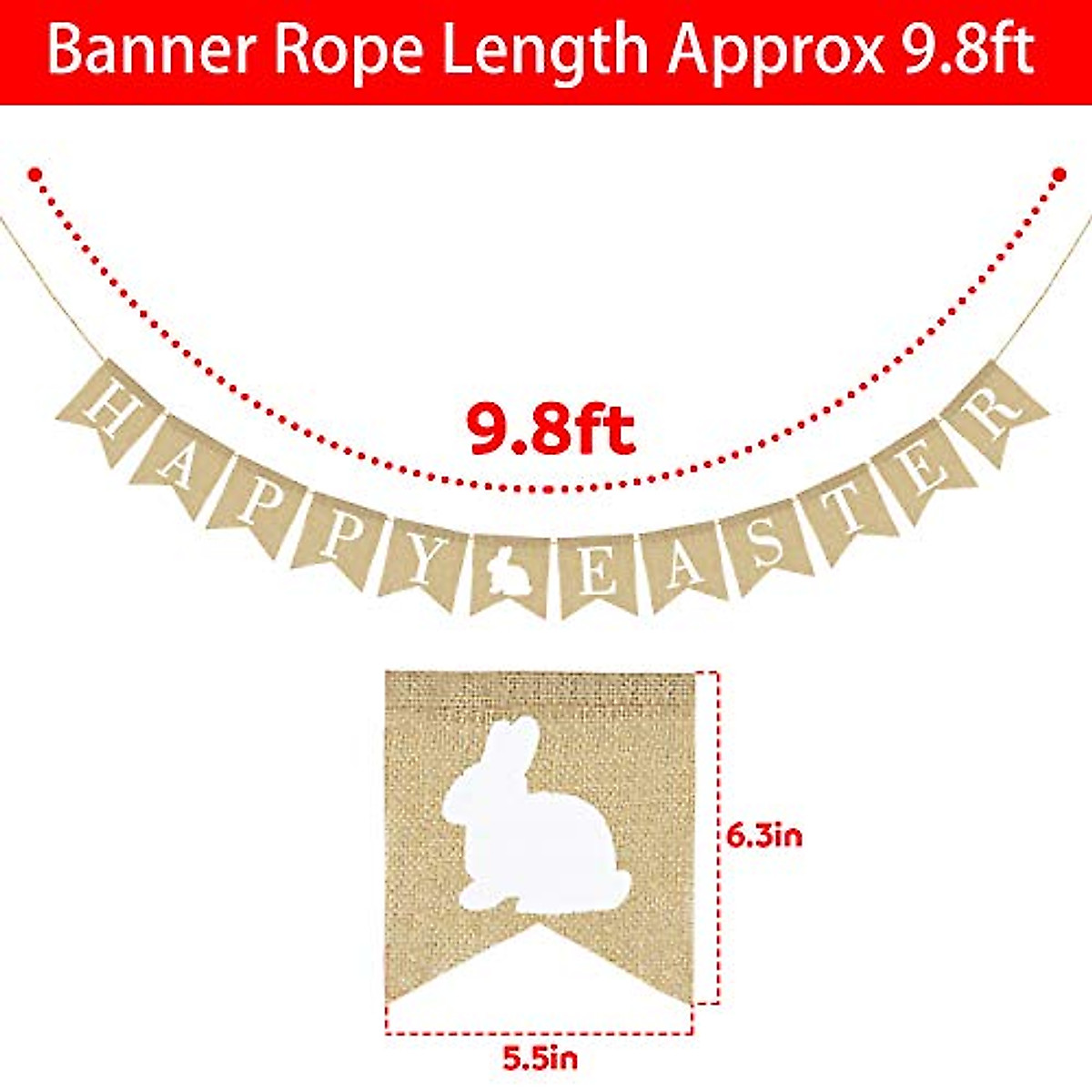 Burlap Happy Easter Banner | Rustic Easter Celebration Decorations | Happy Easter Bunting Garland with Rabbit Bunny Sign | Easter Party Decor Photo Props