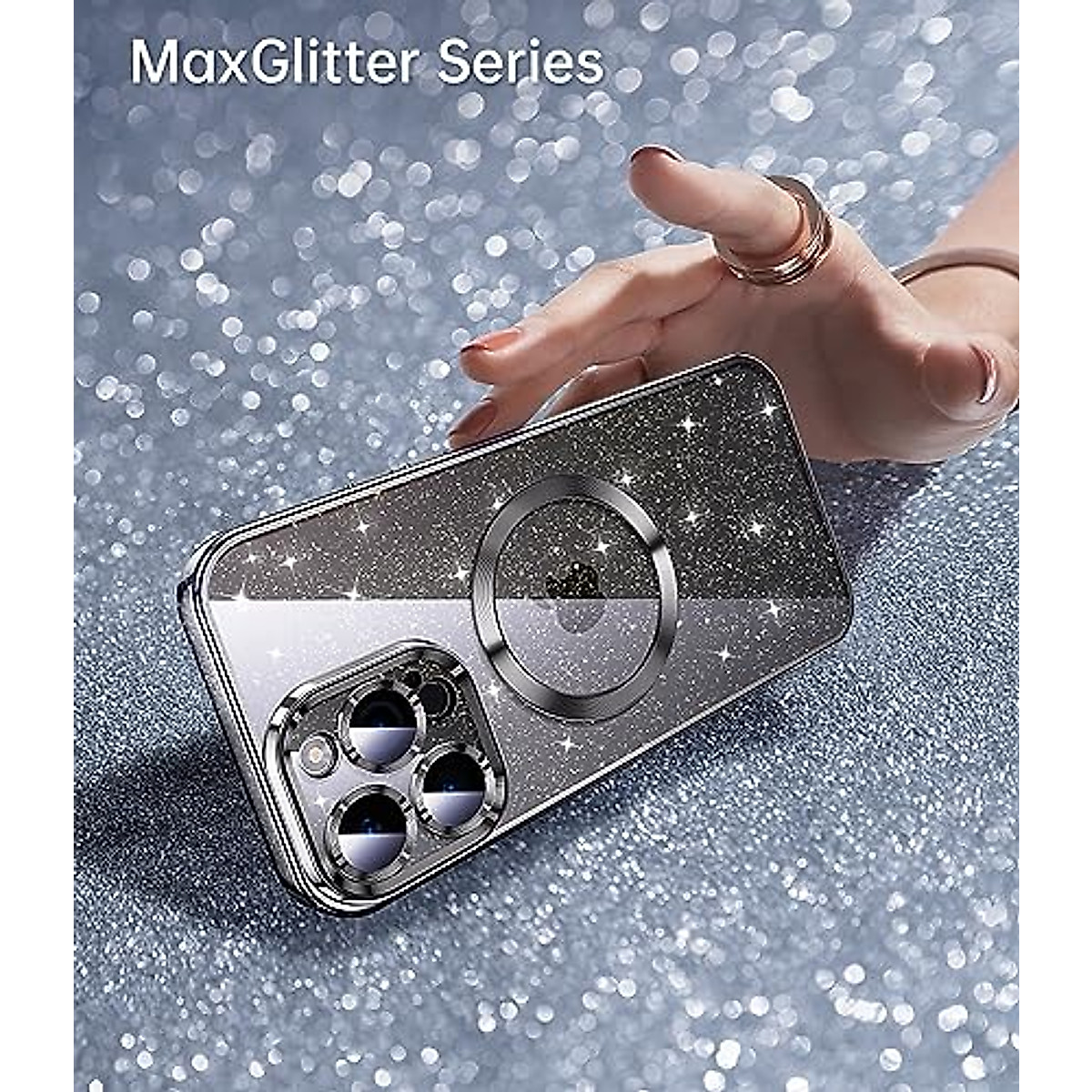 JUESHITUO Magnetic Glitter Case Designed for iPhone 14 Pro Max Case with Full Camera Protection and Strongest Magnetism, Soft TPU Plating Luxury Sparkly Shockproof Slim Case for Women Girls - Black