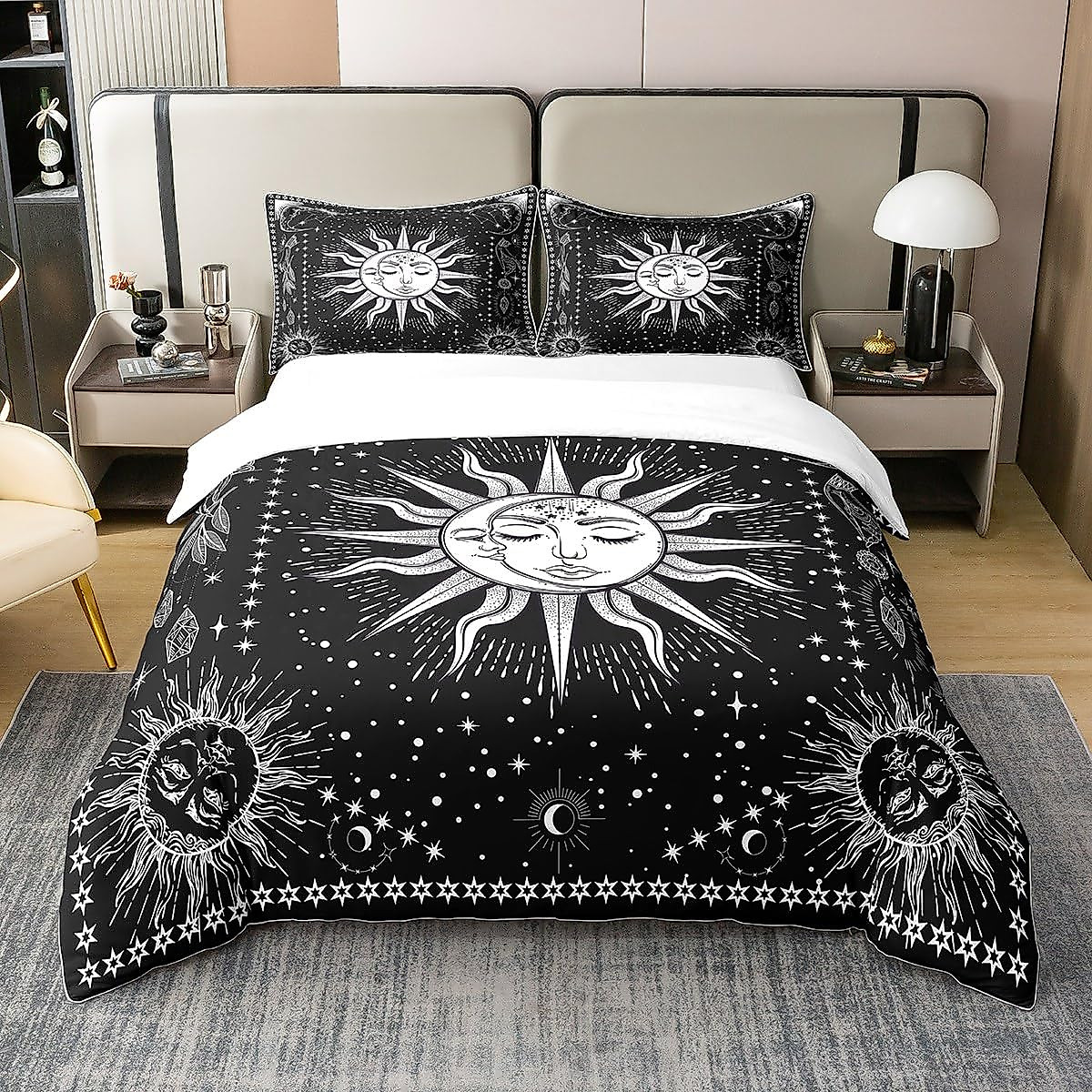 Erosebridal 100% Cotton Sun and Moon Duvet Cover,Psychedelic Mystic Galaxy Bedding Set Queen,Starry Sky Comforter Cover,Bohemian Constellation Stars Bed Sets with 1 Pillow Sham,White Black