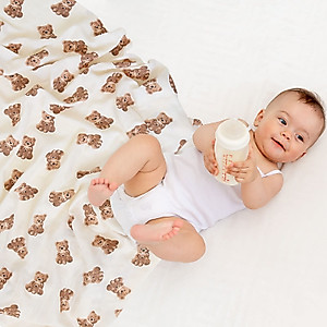 LifeTree Muslin Swaddle Blankets Neutral, Baby Swaddling Wrap Nursery Blanket for Boys & Girls Unisex, Soft 70% Viscose from Bamboo and 30% Cotton, Large 47 x 47 inches, Bear & Checkered Coffee