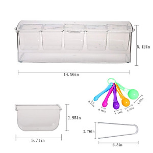 MorTime Ice Chilled Condiment Server with 5 Removable Compartments, Clear Sauce Caddy Serving Tray Container with Lid, Set of 5 Serving Spoons & 3 Tongs Included