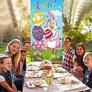 Tatuo Easter Party Decorations Easter Bunny Photo Door Banner Large Fabric Happy Easter Backdrop Photo Prop Funny Eggs Bunny Face in Hole Game for Easter Party Supplies, 6 x 3 Feet