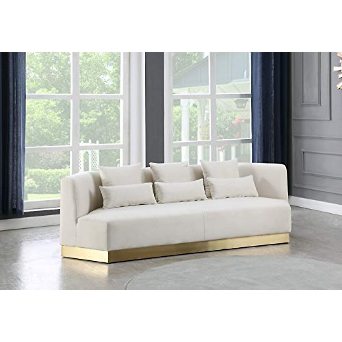 Meridian Furniture Marquis Collection Modern | Contemporary Velvet Upholstered Sofa with Stainless Steel Base in a Rich Gold Finish, 93" W x 38" D x 29" H, Cream