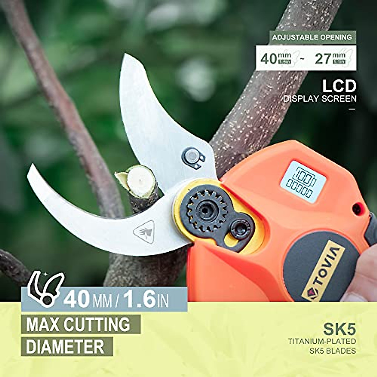 Cordless Pruning Shears, Electric Pruner with 7.5 Foot High Reach Extension Pole, Tool Belt, 2 Pack 25V Lithium Battery, SK5 Blades, 1.6 Inch Cutting Diameter, LCD Display Screen