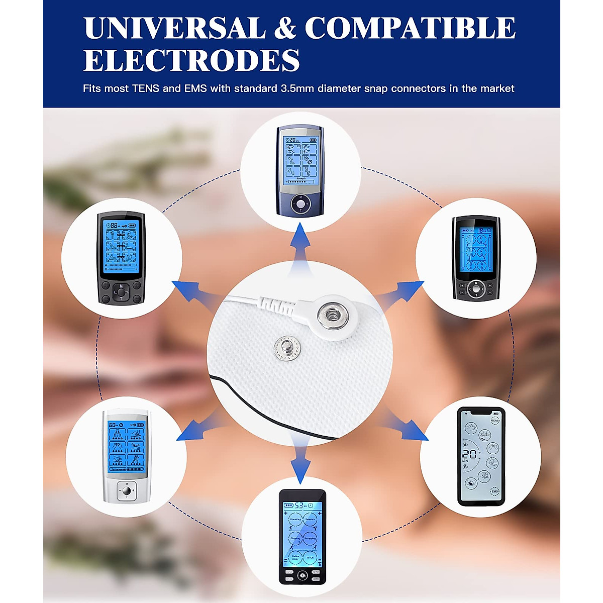 24 Pack TENS Unit Replacement Pads, Reusable Long-Lasting Self-Adhesive Non-Irritating Snap Electrodes Pad for Tens Unit with Standard 3.5mm Snap-on Connector, Compatible with Belifu, Brilnurse TENS