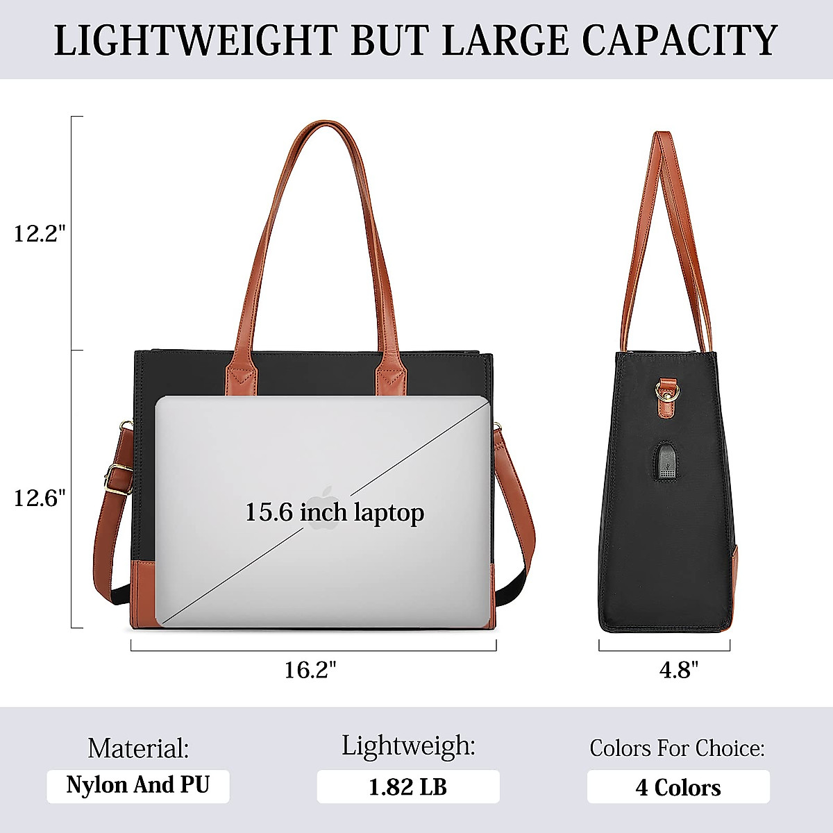 NUBILY Women's Large Black Tote Laptop Bag, 15.6 Inch USB Charging Port, Waterproof Nylon Shoulder Bag