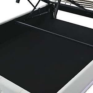 Full Size Lift Up Storage Bed/with Storage and LED Light Button Tufted Wingback adjustable headboard and USB Charger, Hydraulic Storage System for Kids Teens and Adults, No Box Spring Needed (White)