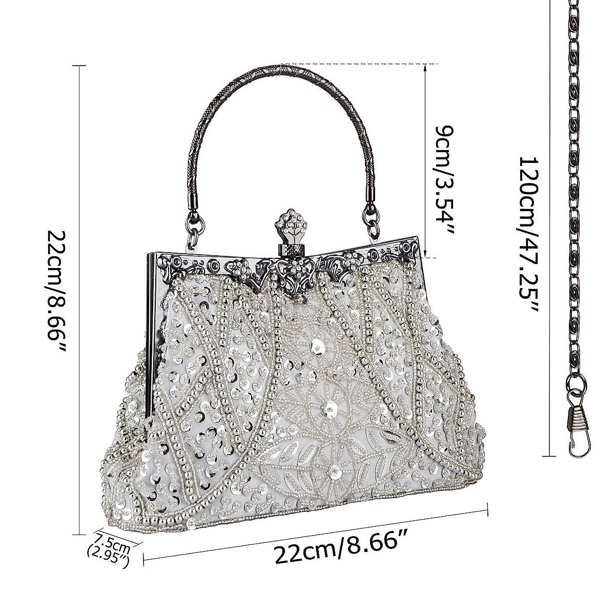 Fashion Vintage Style Handbag Beaded Sequined Evening Bag Wedding Party Handbag Rhinestone Clutch Purse (Silver)
